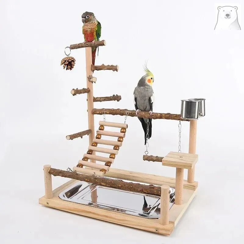 Деревянный игровой стенд для попугаев и птиц, игровая площадка с жердочками и лестницей, с кормушкой для мелких, средних попугаев