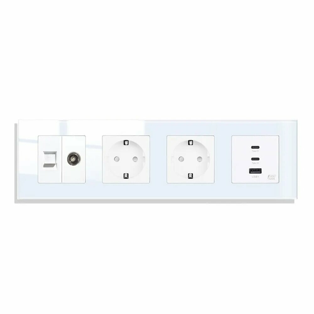 Розетка электрическая 4 поста с 65W быстрая зарядка USB/Type-C+RJ45 ТВ-Компьютер 220В 16А Стекло Рамка белая