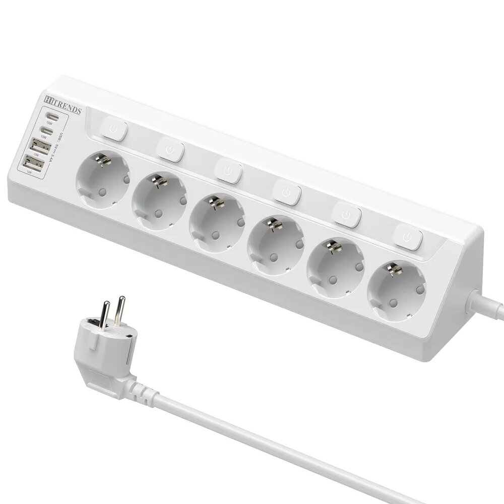 HITRENDS сетевой фильтр, Угловая розетка с 6 AC и 2 Usb и 2 Type-C, индивидуальные выключатели, кабель 1.5 мм2 (2 м), белое