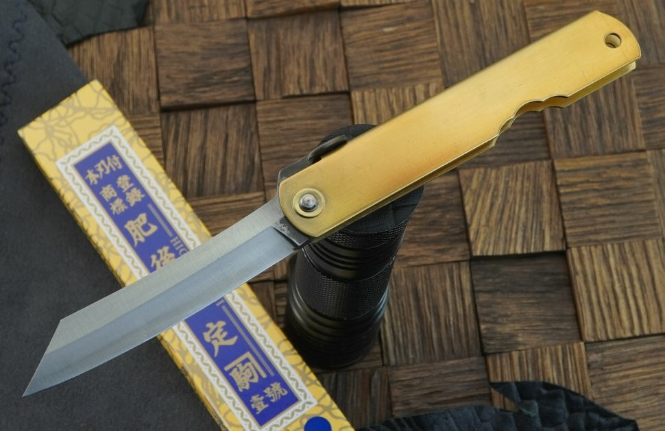 Складной нож Хигоноками Nagao Higonokami Warikomi Mitsuo, сталь Aogami (Blue Steel), рукоять латунь 80 мм