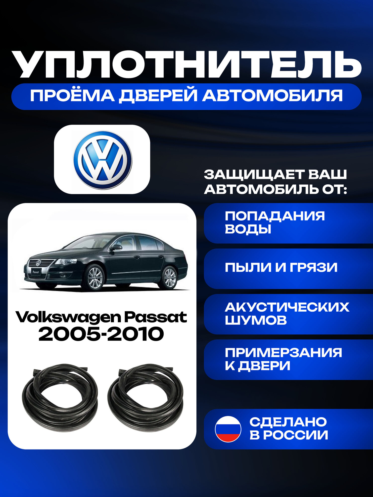 Уплотнитель (резинка) проёмов передних дверей (2 ШТ.) Volkswagen Passat B6 2005-2010 / Фольксваген Пассат 6 поколение