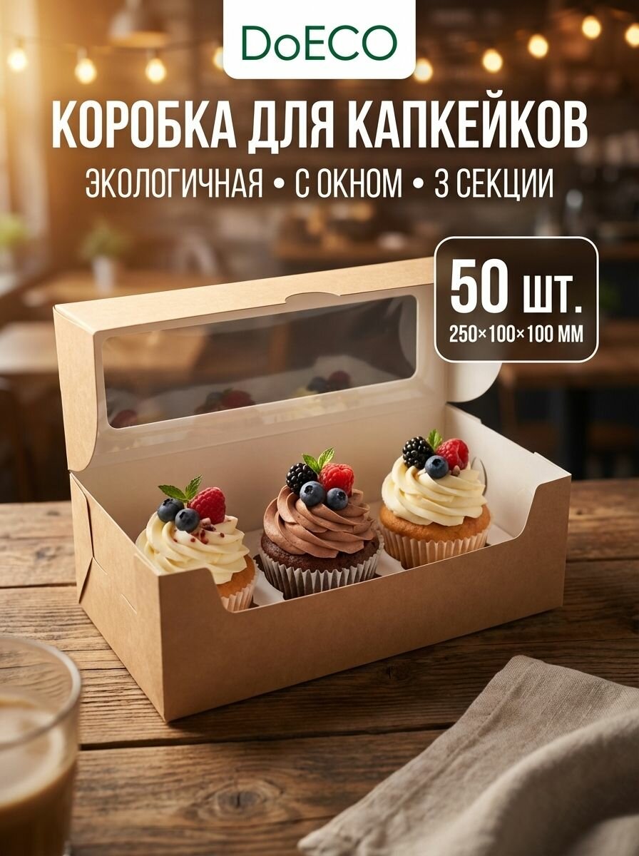 Коробка крафт пищевая DoECO контейнер одноразовый с окном, упаковка 250х100х100 мм, 50 шт.