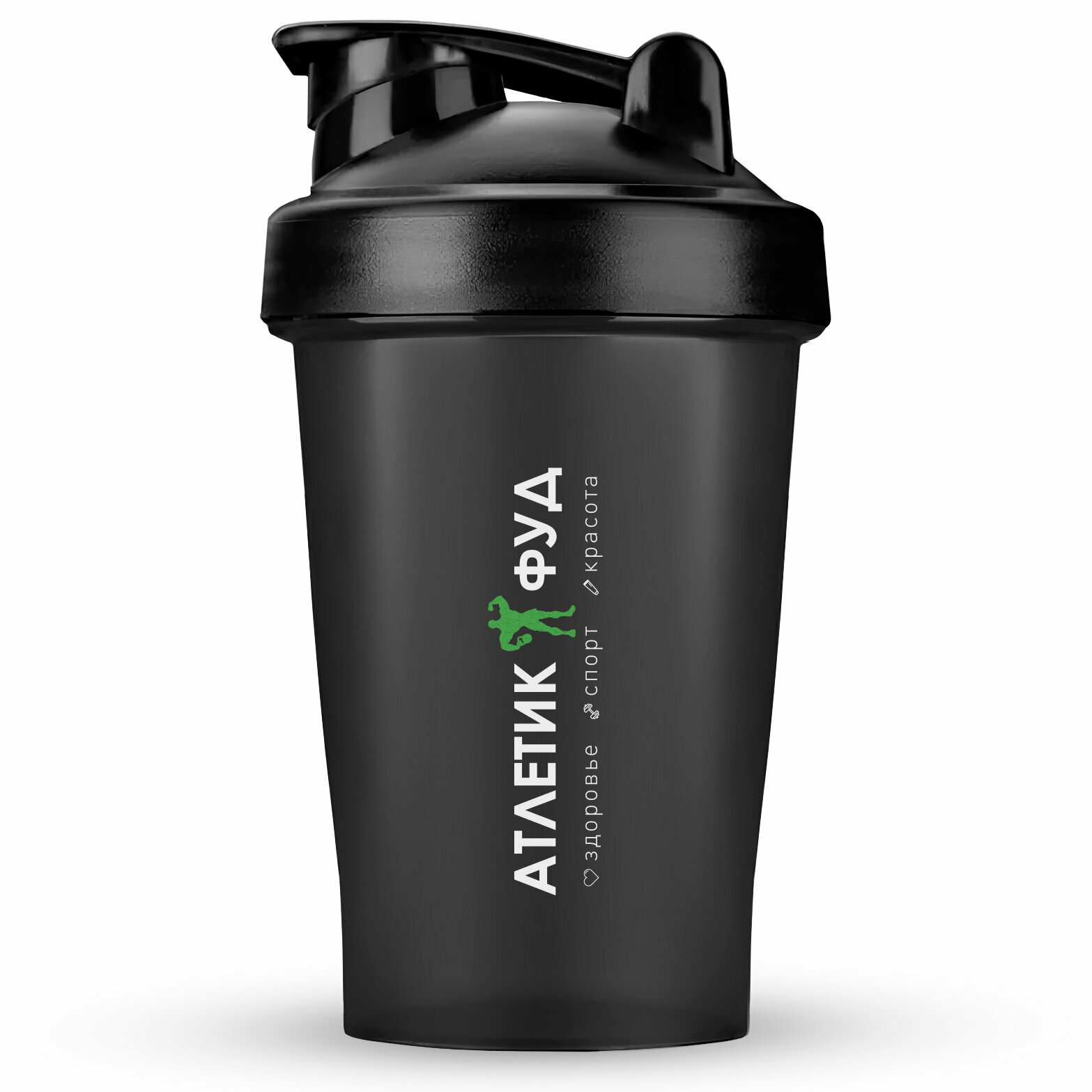 Шейкер спортивный с сеточкой Atletic Food - 400 мл, черный прозрачный