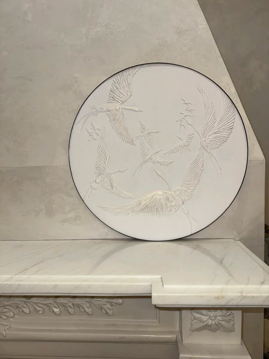 Текстурная круглая картина журавли