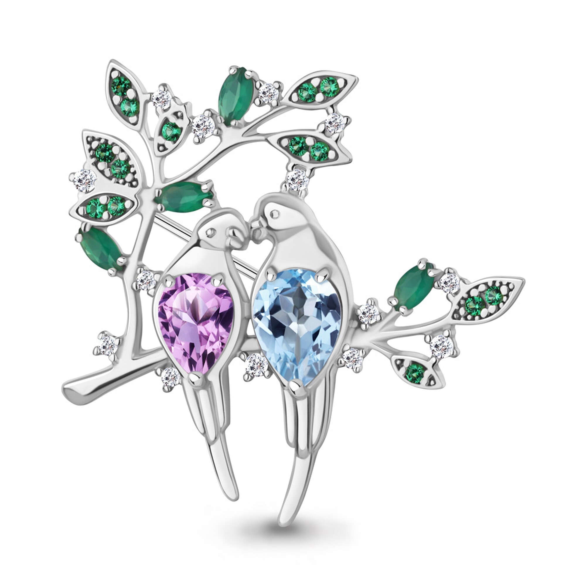 Брошь, серебро, 925 проба, родирование, агат, аметист, изумруд синтетический, фианит, топаз