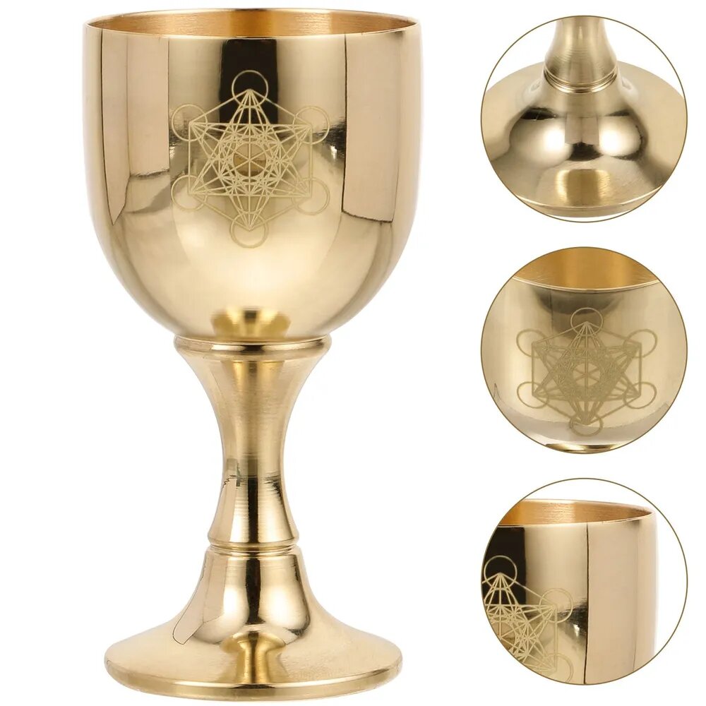 Алтарная атрибутика Золотой латунный кубок для подношения воды с гравировкой Metatron's Cube