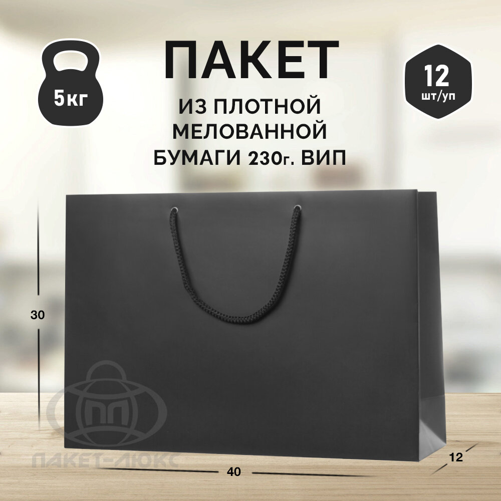 12 бумажных подарочных пакетов 40*30*12 см, Черные ВИП, горизонтальные