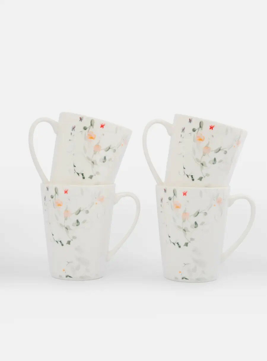 Кружка, 420 мл, 4 шт, костяной фарфор, белая, Цветы и листья, Primrose (Anna Lafarg)