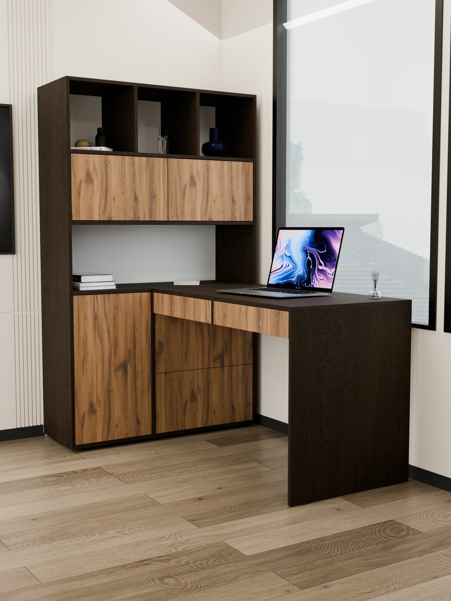 Изумлит Стол-шкаф письменный угловой для учебы и работы, шкаф слева 168х100х147.6 см, венге-дуб крафт табачный