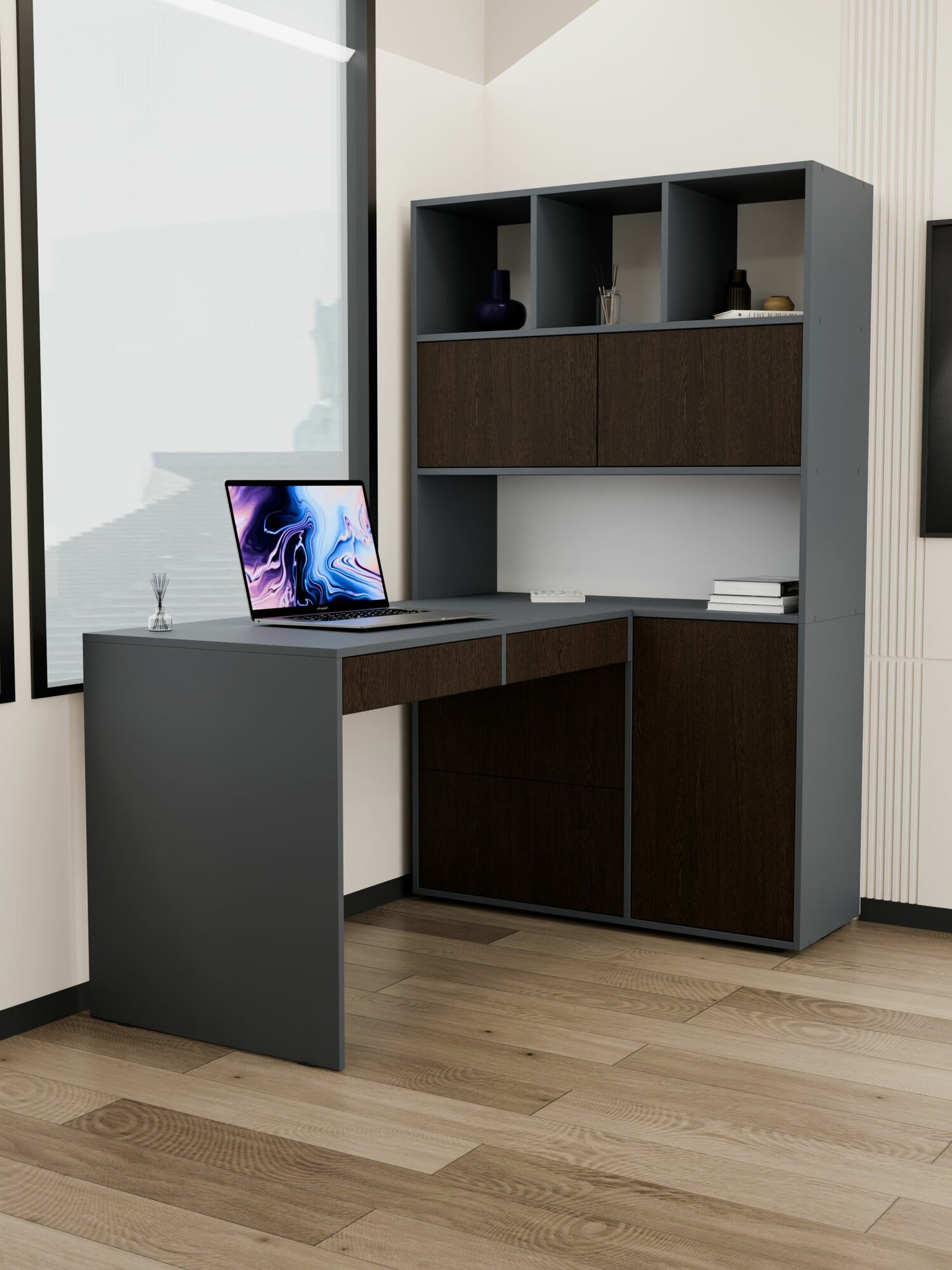 Изумлит Стол-шкаф письменный угловой для учебы и работы, шкаф справа 168х100х147.6 см, графит-венге