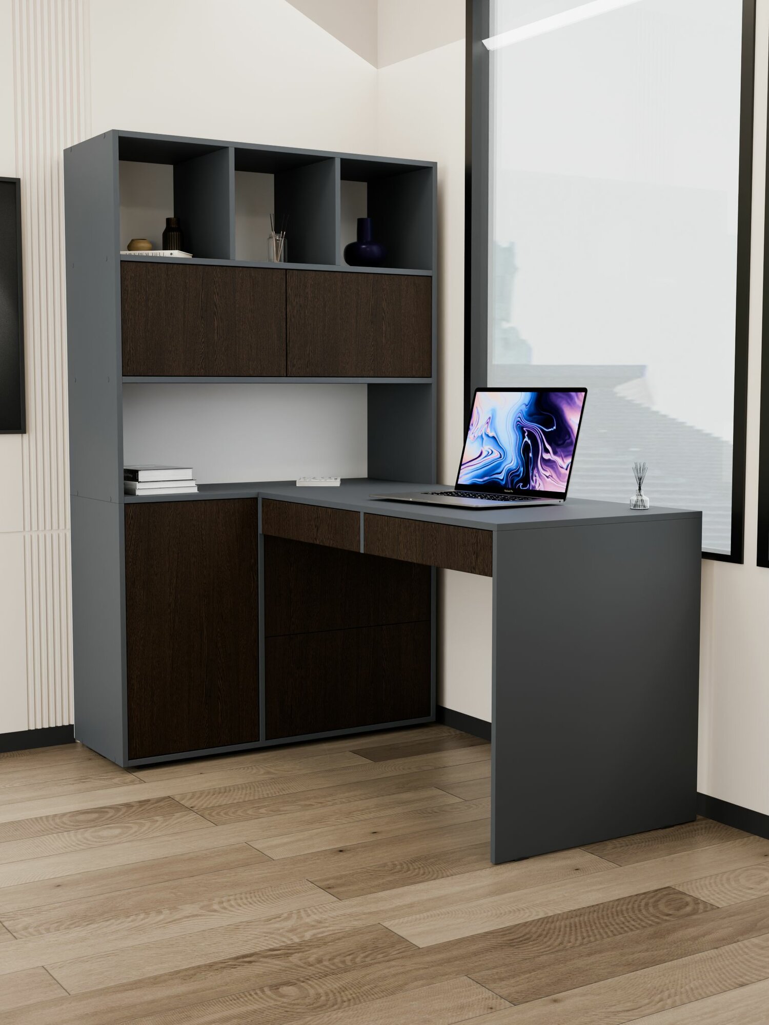 Изумлит Стол-шкаф письменный угловой для учебы и работы, шкаф слева 168х100х147.6 см, графит-венге