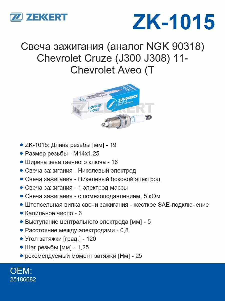 Zekkert Свеча зажигания Chevrolet Aveo (T250 T255) с 2008 года Cruze (J305 J308