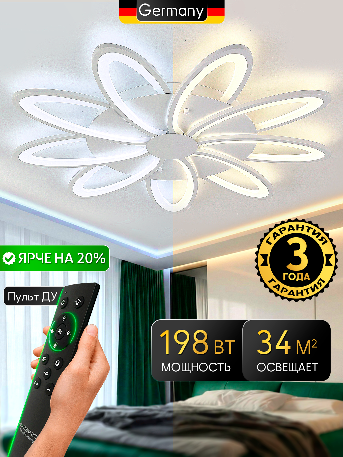 Светодиодный светильник люстра с пультом ДУ 198W, белый, LED