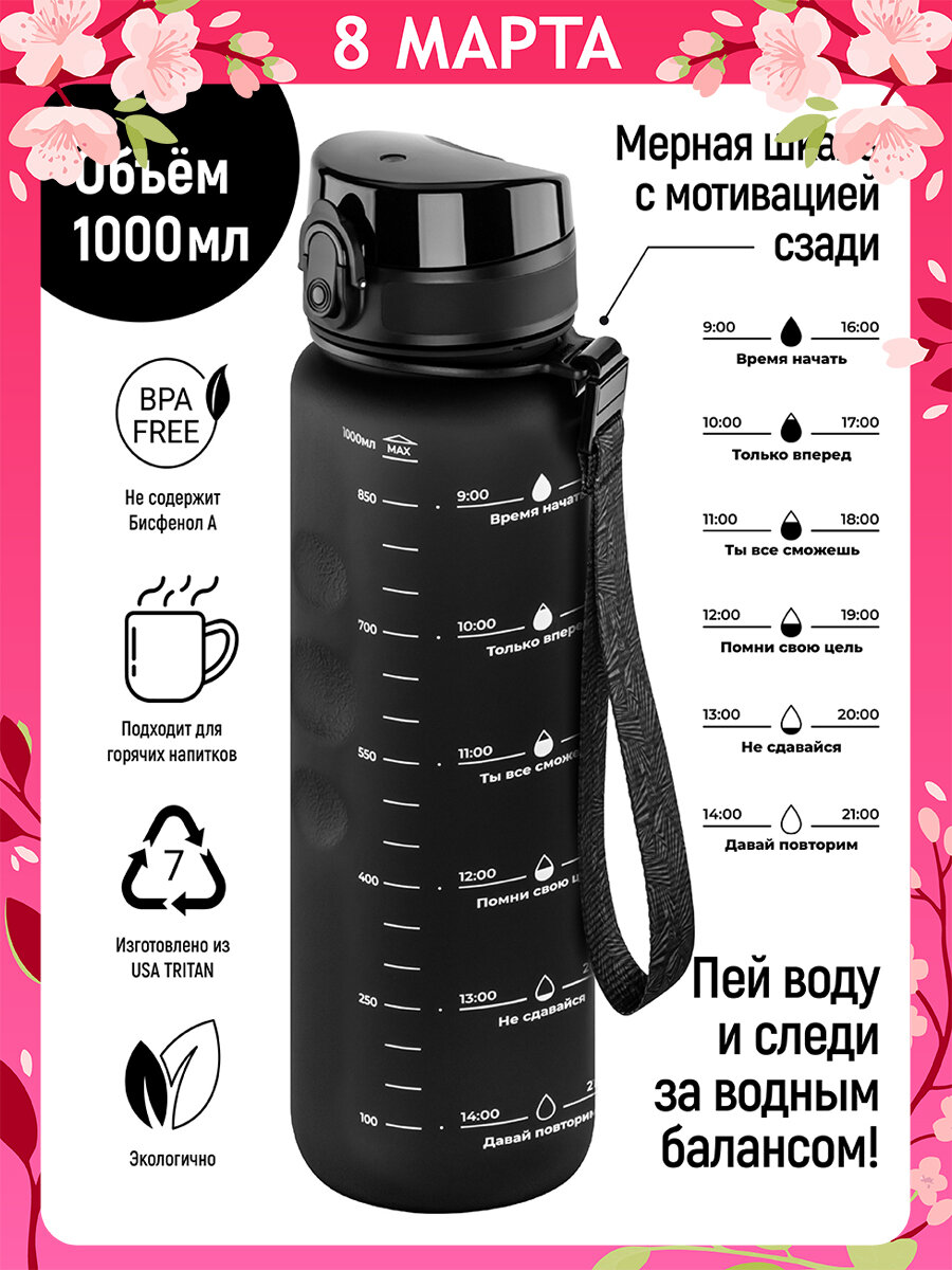 Бутылка для воды спортивная, для холодных и горячих напитков 1000 мл Elan Gallery Style Matte черная, мотивационная