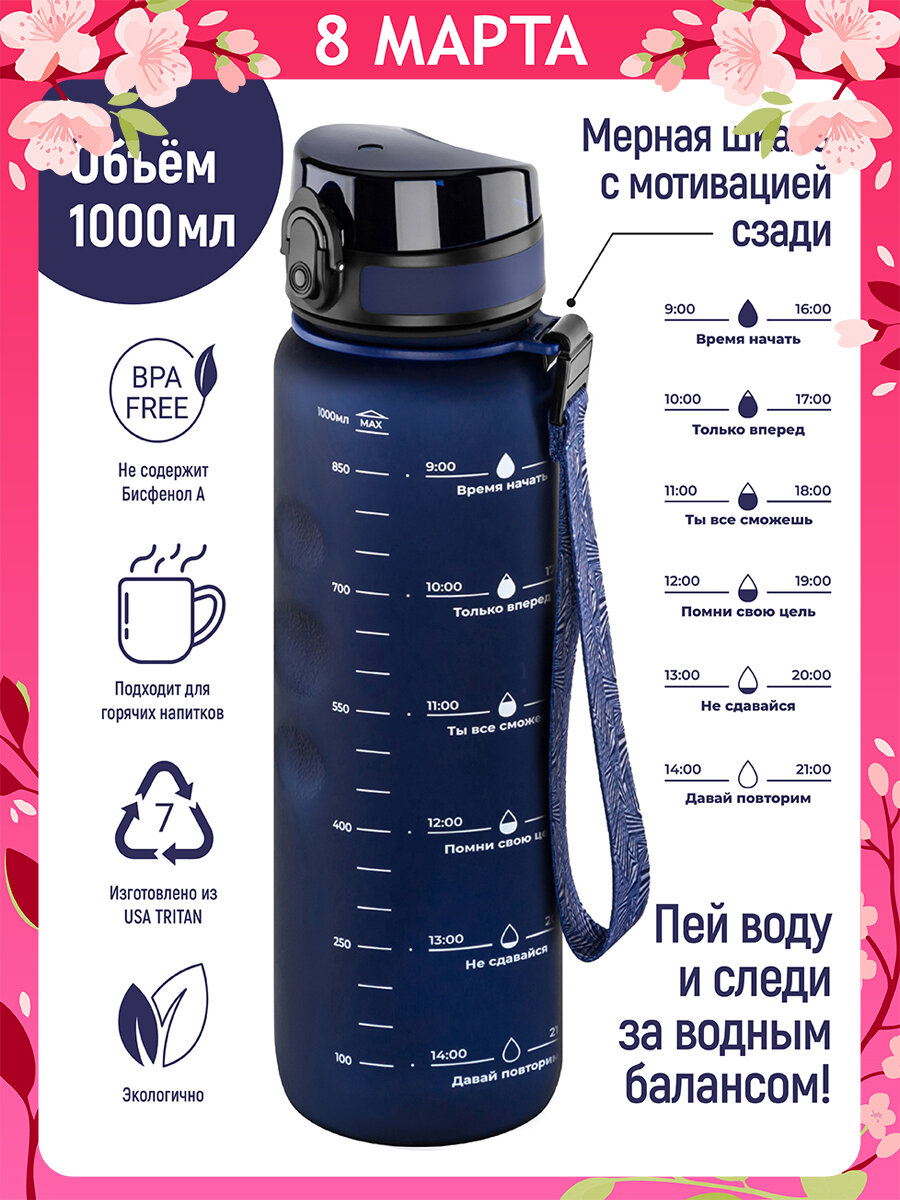 Бутылка для воды спортивная, для холодных и горячих напитков 1000 мл Elan Gallery Style Matte темно-синяя, мотивационная