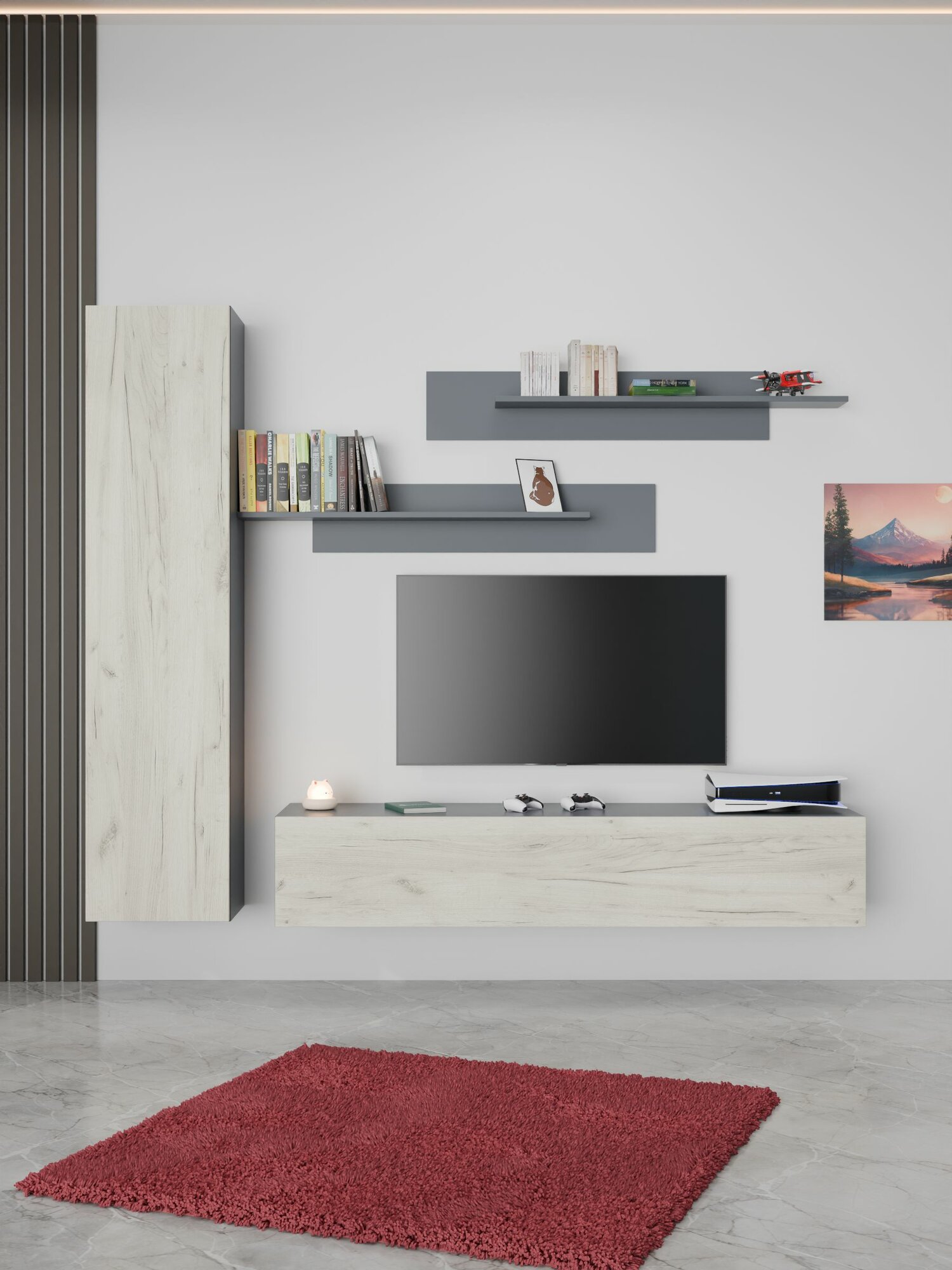 Стенка в гостиную, стенка для гостиной Флекс, подвесная 200х170х40 см (ШхВхГ), графит-дуб крафт белый