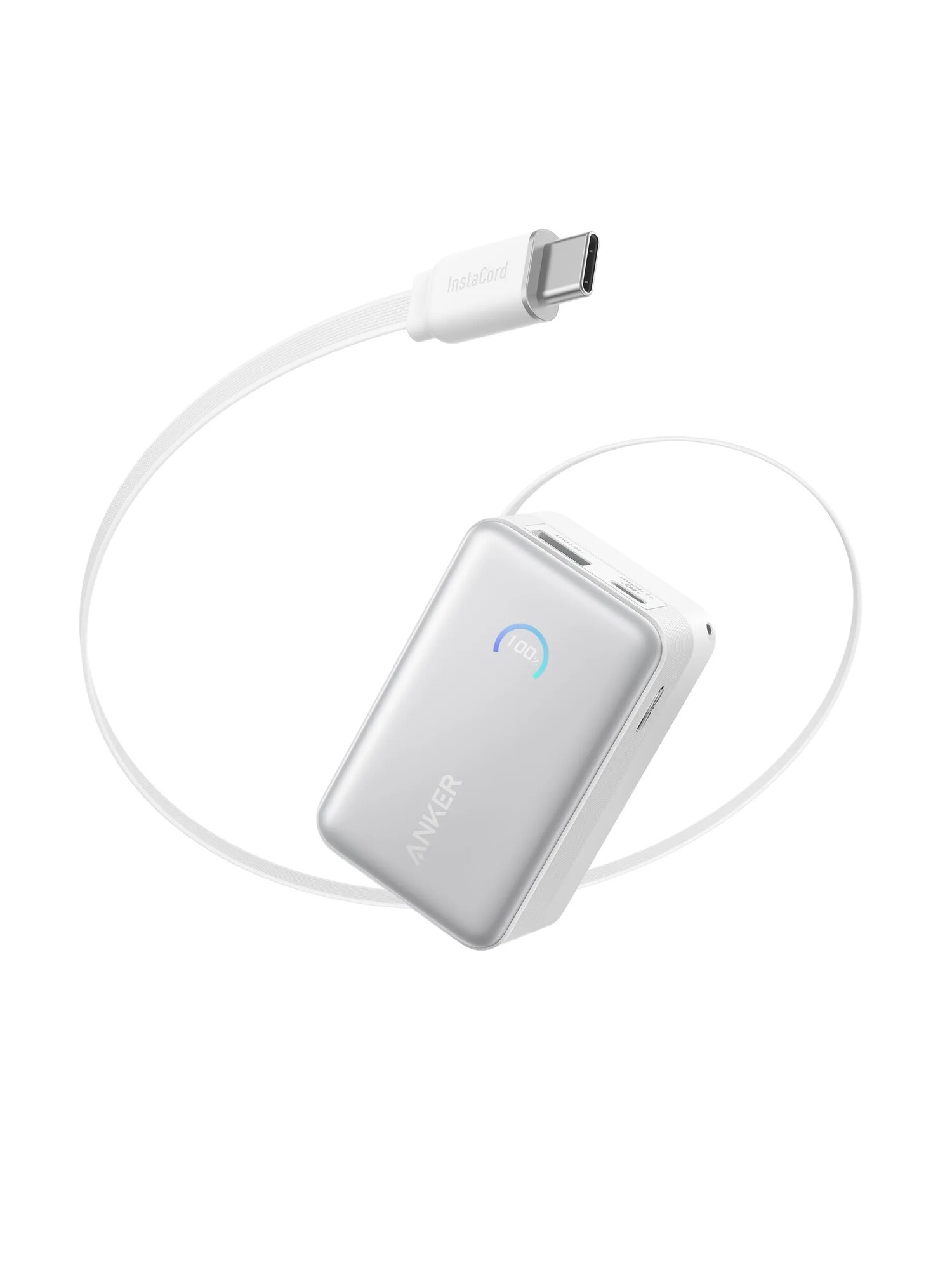 Внешний аккумулятор Anker Nano 10000 Mah, 45 Вт, серебристый, встроенный провод USB-C (70см) A1638P11