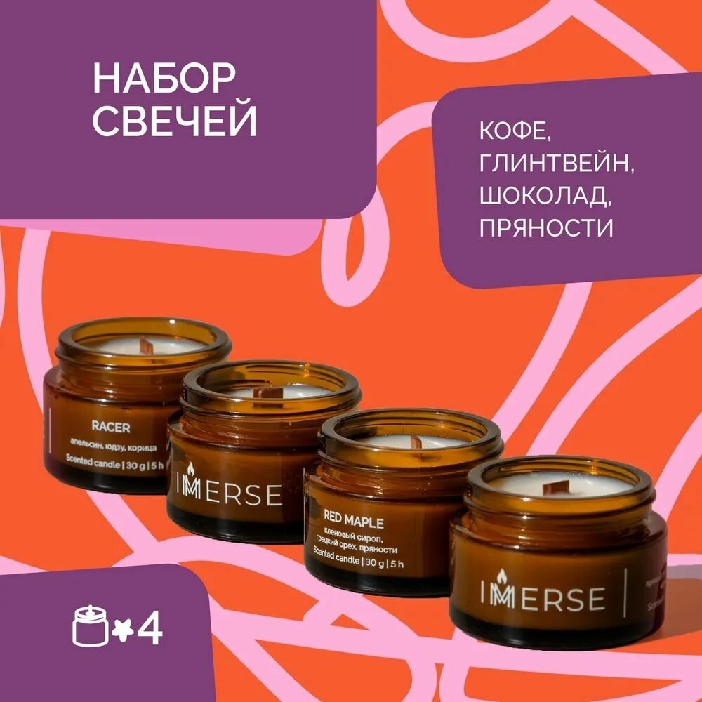Свечи новогодние 4 шт - Кофе и Шоколад, Кленовый сироп и Грецкий орех, Глинтвейн и Черный перец, Апельсин и Корица