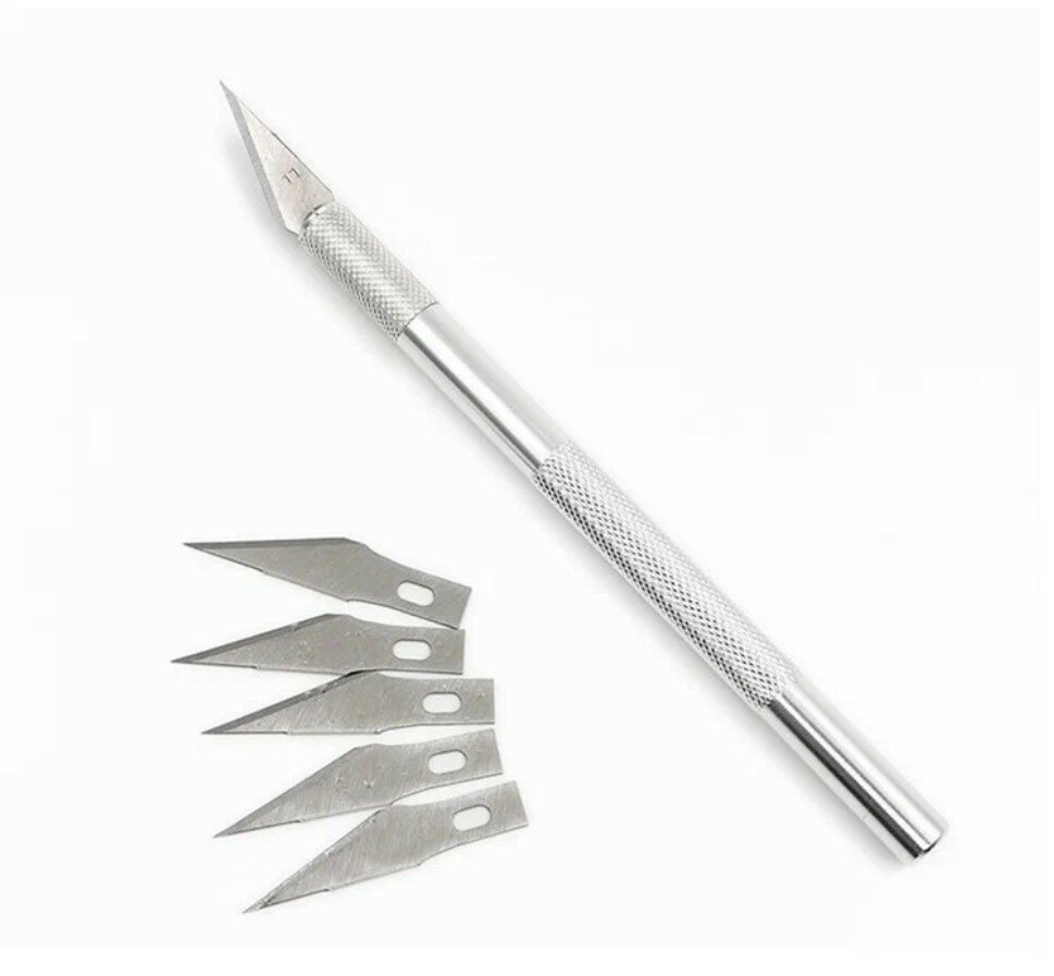 Нож-скальпель канцелярский MyPads A157-050, 6 лезвий, серый металлик для работы по бумаге