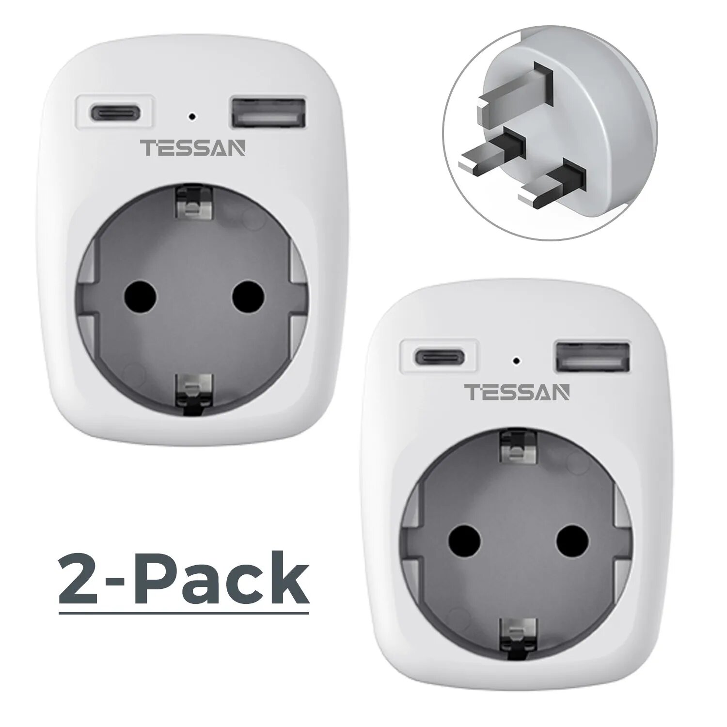 Адаптер TESSAN EU-UK с USB, 2 шт.
