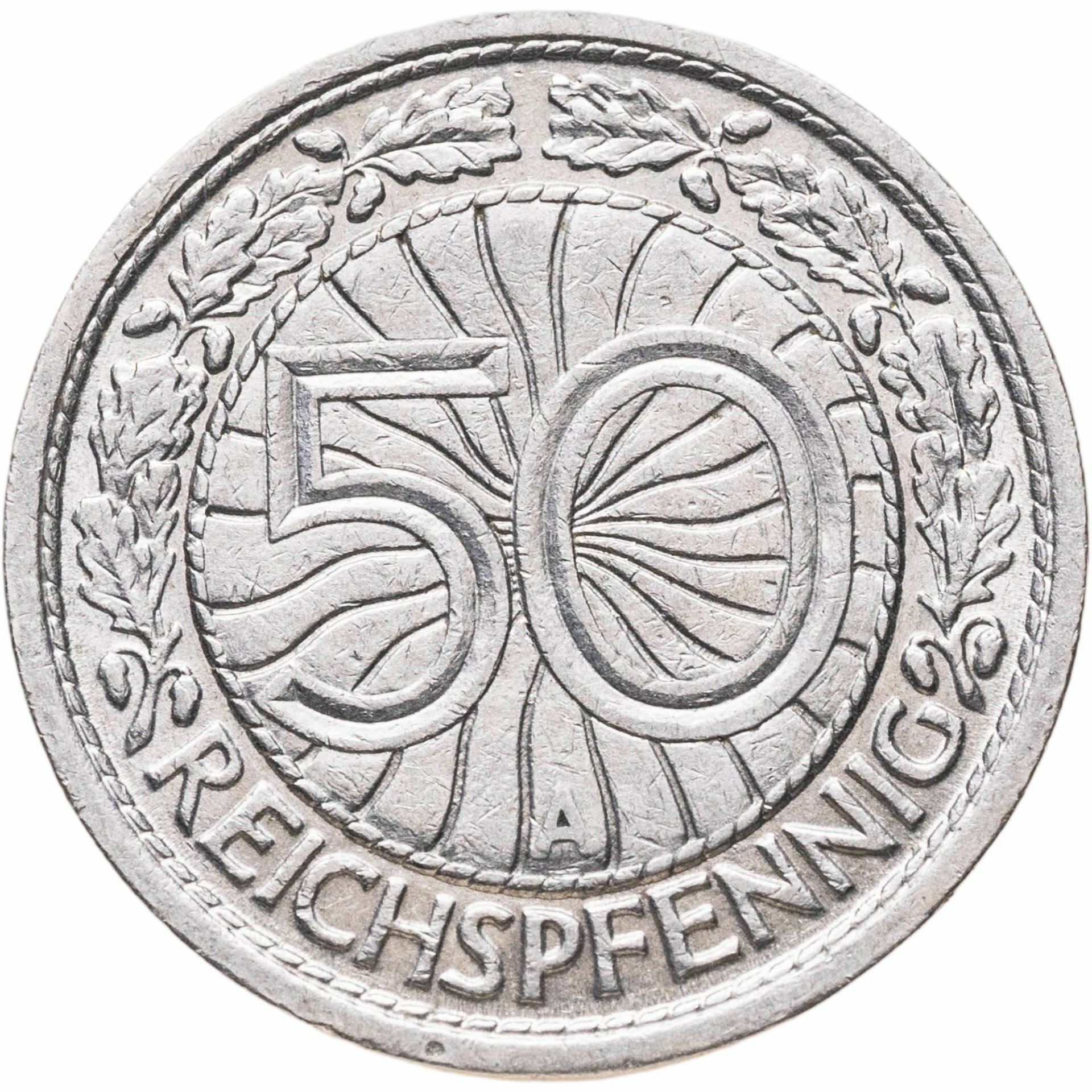 Германия 50 рейхспфеннигов reichspfennig 1927 знак монетного двора "А" — Берлин, Никель, в сохранности XF