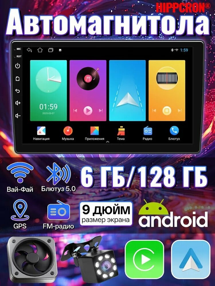 HIPPCRON Автомагнитола, диагональ: 9", 2 DIN, 6ГБ/128ГБ