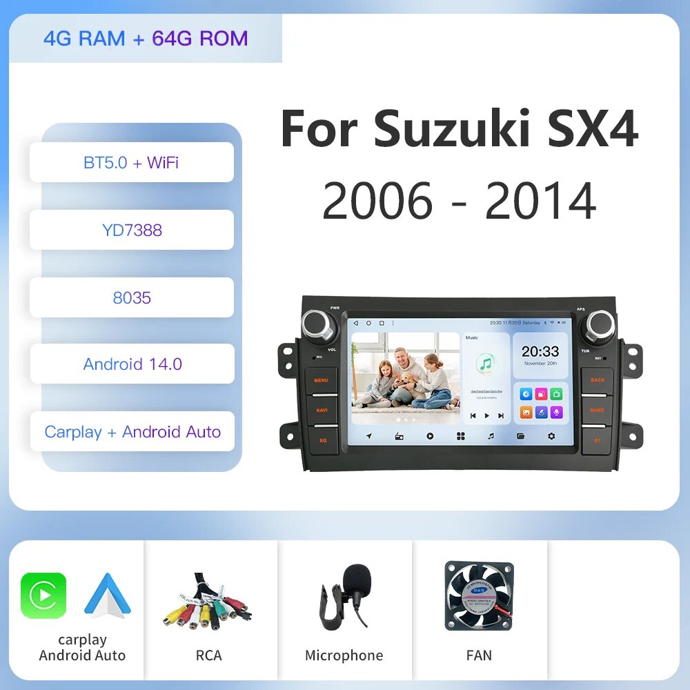 Мультимедийная магнитола Kapud для Suzuki SX4 2006-2013 Fiat Sedici 2005-2014, 8 дюймов, 3326 4 64