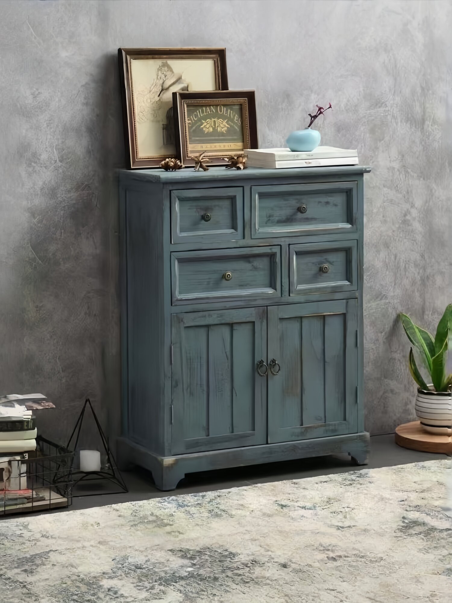 Комод "Американский" массив дерева, лакированный, синий цвет, ретро стиль, 60 см x 30 см x 77 см