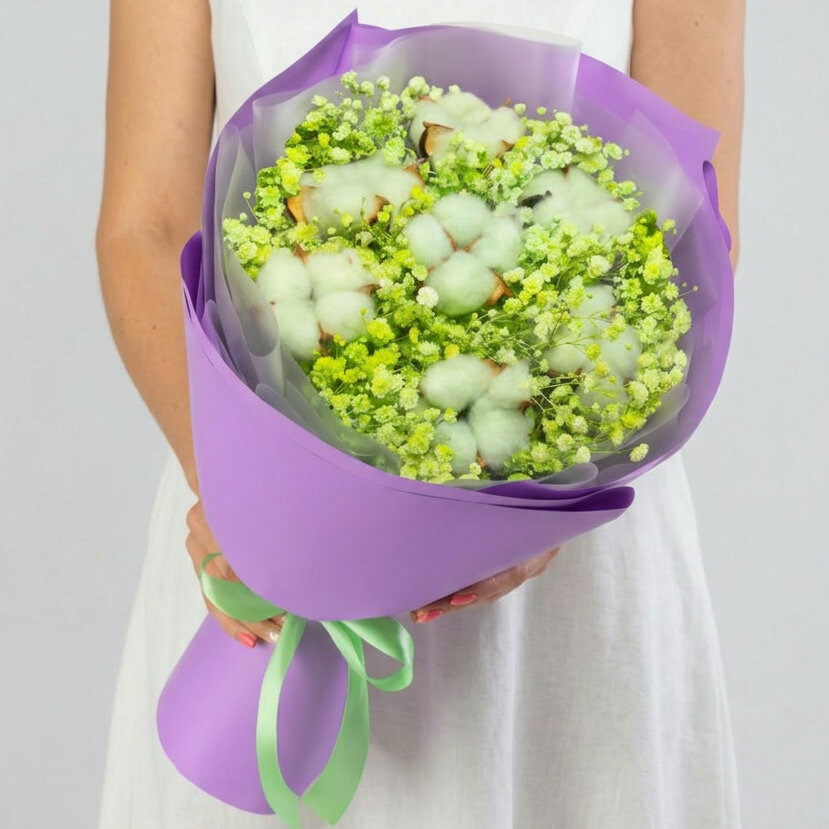 Дуо-букет Мегацвет24 "Гипсофила и салатовый Хлопок", дизайнерская упаковка