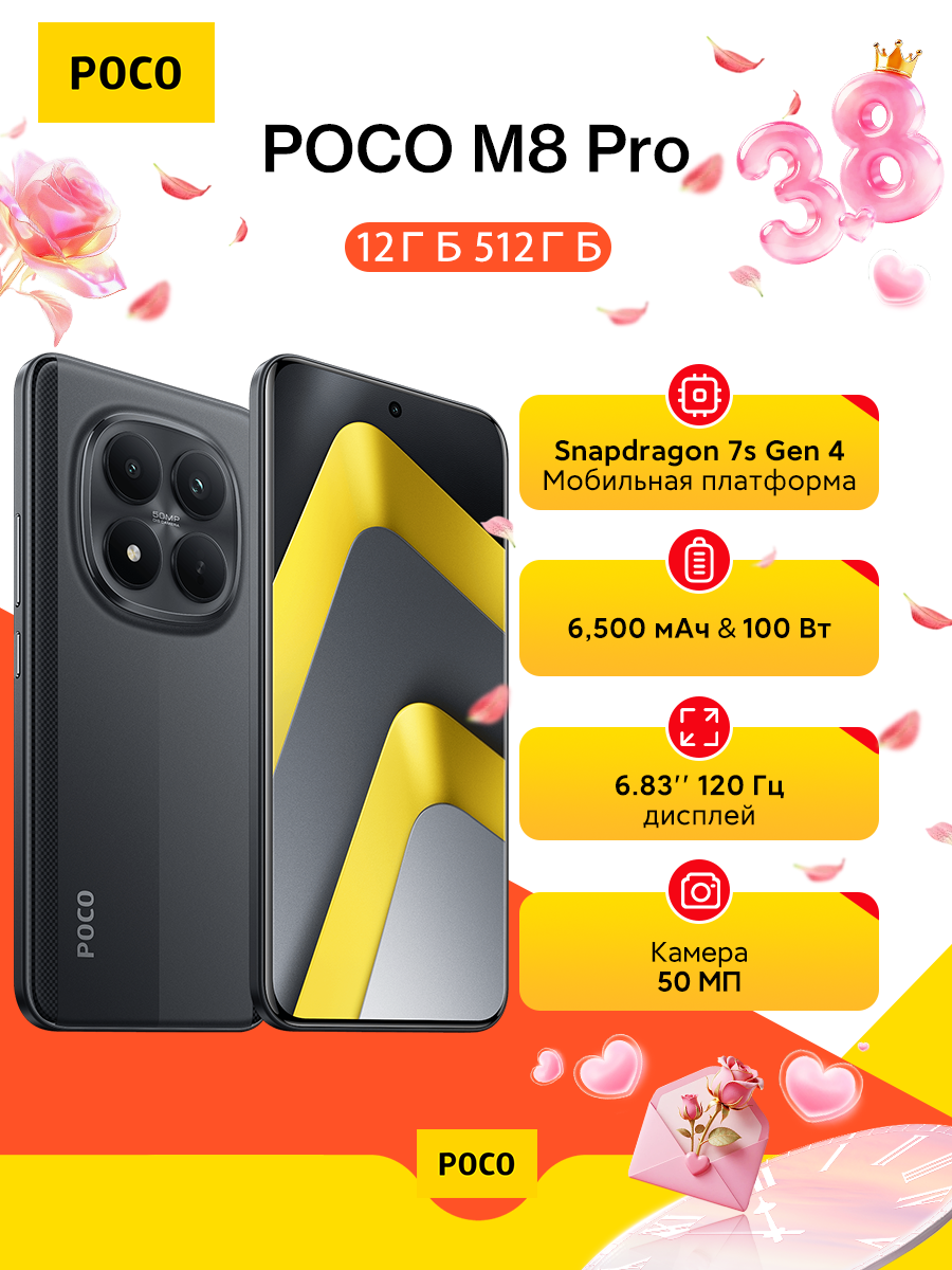 Смартфон Xiaomi Poco M8 Pro 12/512 черный с AMOLED 120 Гц и камерой 50 МП