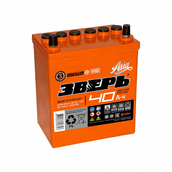 Аккумулятор автомобильный Зверь Са/Са ASIA 40.1 А/ч 450А тонк. кл. ПП (187x127x220) B19R 187x127x220