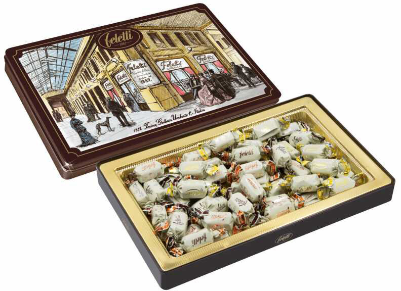 Конфеты FELETTI "Galleria Umberto I" с начинкой амаретто, апельсин и орех /жесть/ 300г