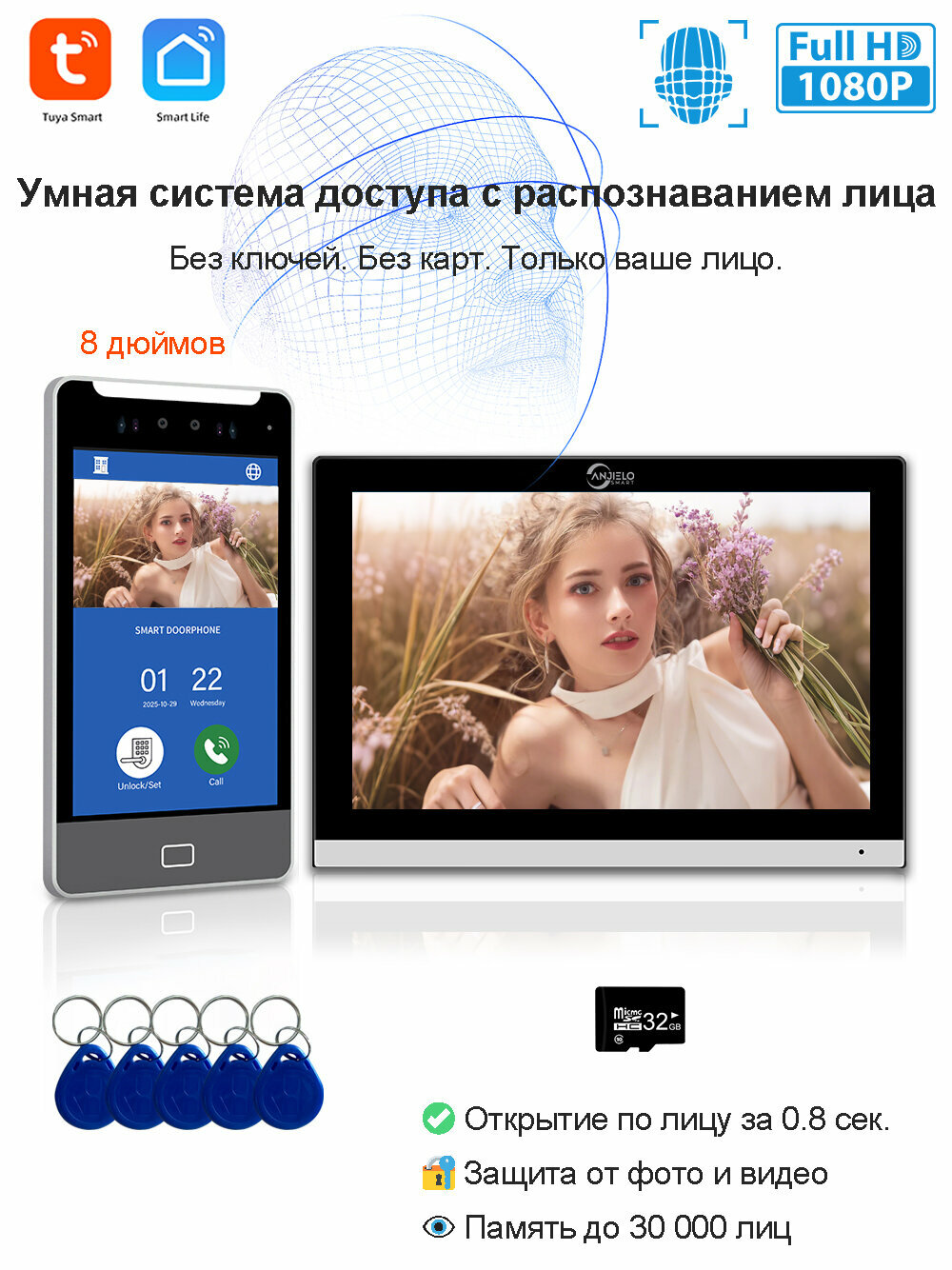 Умный домофон с функцией Face ID 8 дюймов Система контроля доступа по лицу + IP-видеозвонок