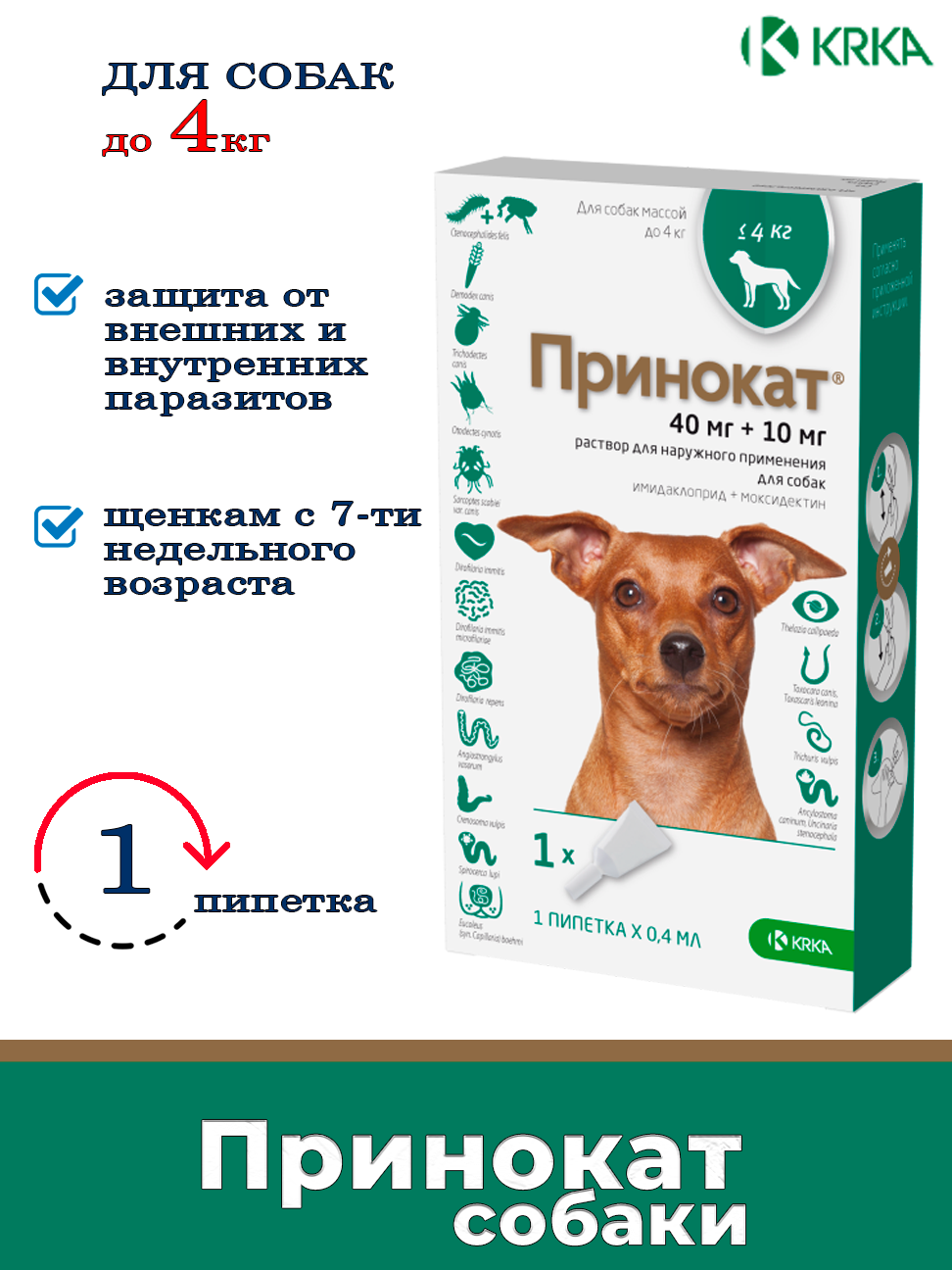 Принокат для собак весом до 4 кг, 40/10мг, 0,4 мл капли против блох