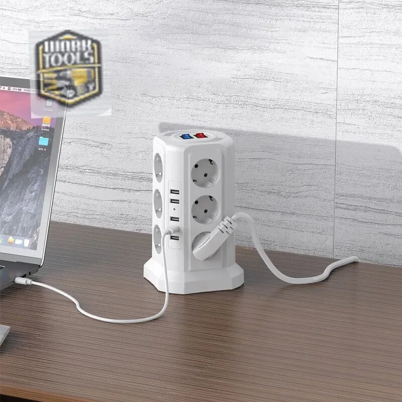 Удлинитель WORK TOOLS с 4 USB портами и 12 розетками с защитой, белый — фото 1
