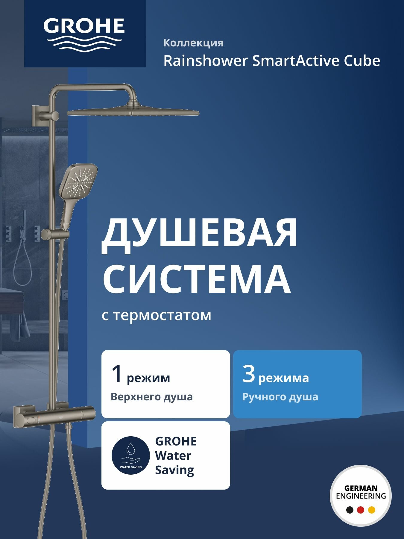 Душевая система с термостатом GROHE Rainshower SmartActive 310 Cube, темный графит матовый, (26837AL0)
