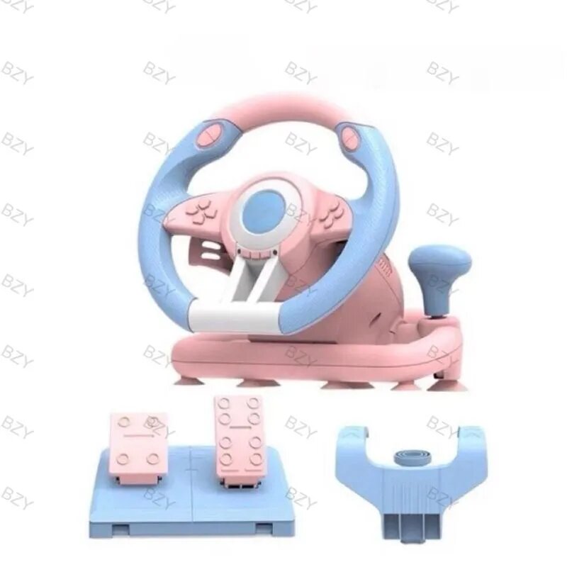Игровой руль для компьютера, розово-голубой, с педалями, 180 градусов, 2 метра