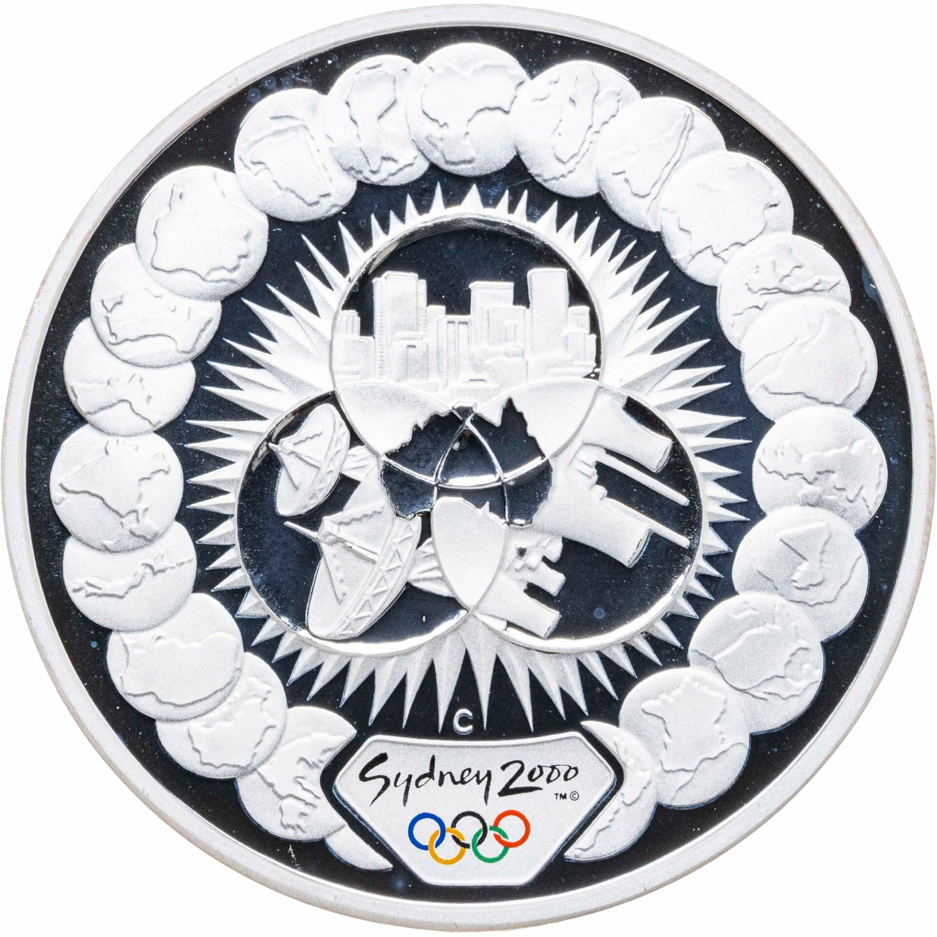 Австралия 5 долларов dollars 2000 "Олимпийские игры в Сиднее - Виды города, радиотелескоп и электростанция в кружках", Серебро 999, в сохранности Proof