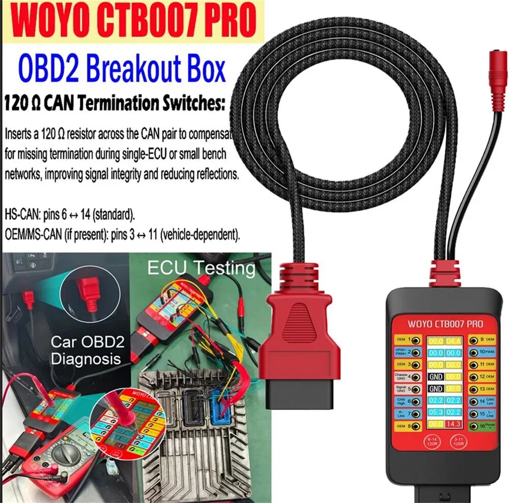 WOYO CTB007PRO OBD2 Breakout Box Фиксатор автомобильный с цифровым дисплеем для легковых автомобилей