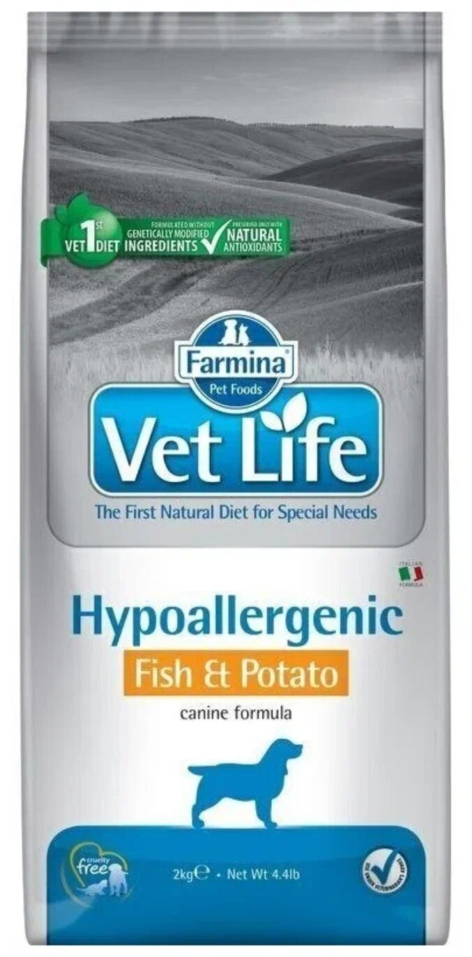 Корм сухой Farmina Vetlife, гипоаллергенный, для собак, с рыбой и картофелем, 2 кг