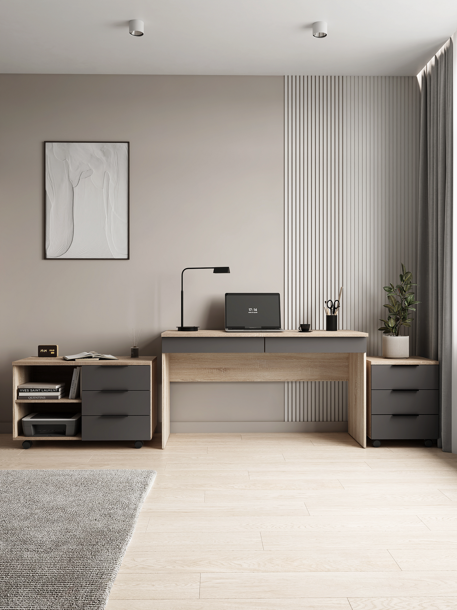 Стол A-A MEBEL Оксфорд письменный компьютерный с ящиками, 2 тумбы на колесиках дуб сонома/графит/серый ЛДСП 135*60*75 см