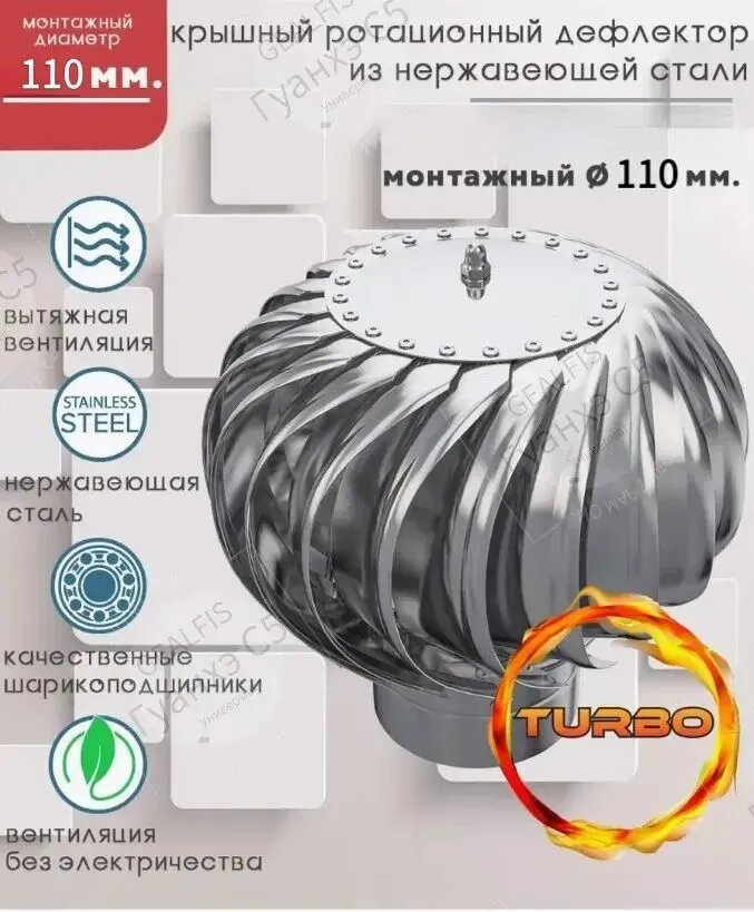 Дефлектор 110 мм для вентиляции, турбо-дефлектор нержавеющая сталь, на трубу 110 мм