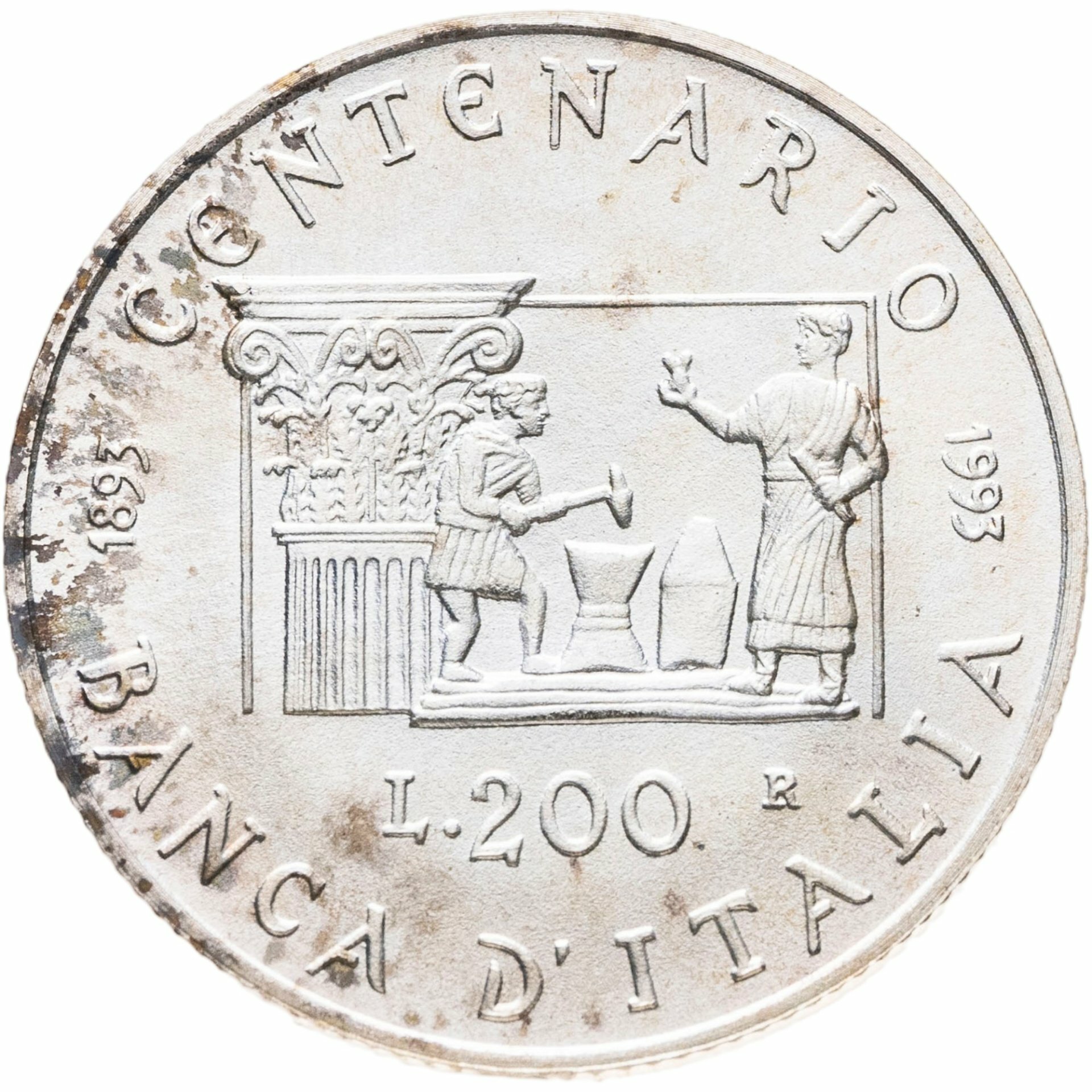 Италия 200 лир 1993 100 лет банку Италии, Серебро 835, в сохранности UNC