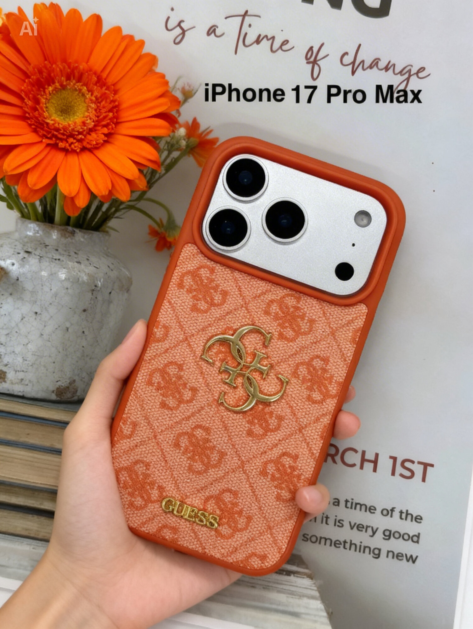 Чехол Guеss на iPhone 17 Pro Max, из экокожи 4G, с защитой камеры , оранжевый