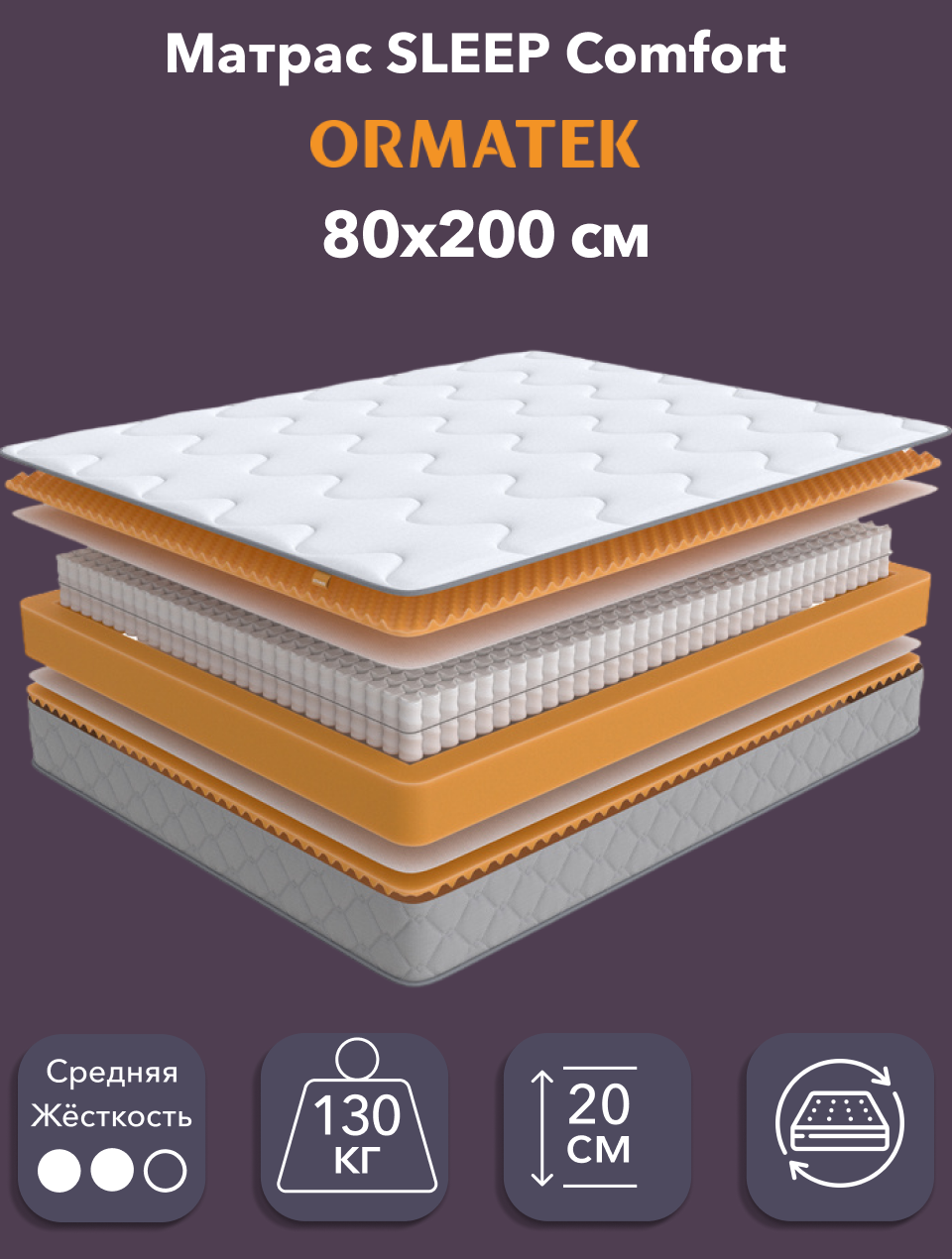 Орматек Матрас SLEEP Comfort, Независимые пружины, 80х200 см, Односпальный двусторонний анатомический матрас