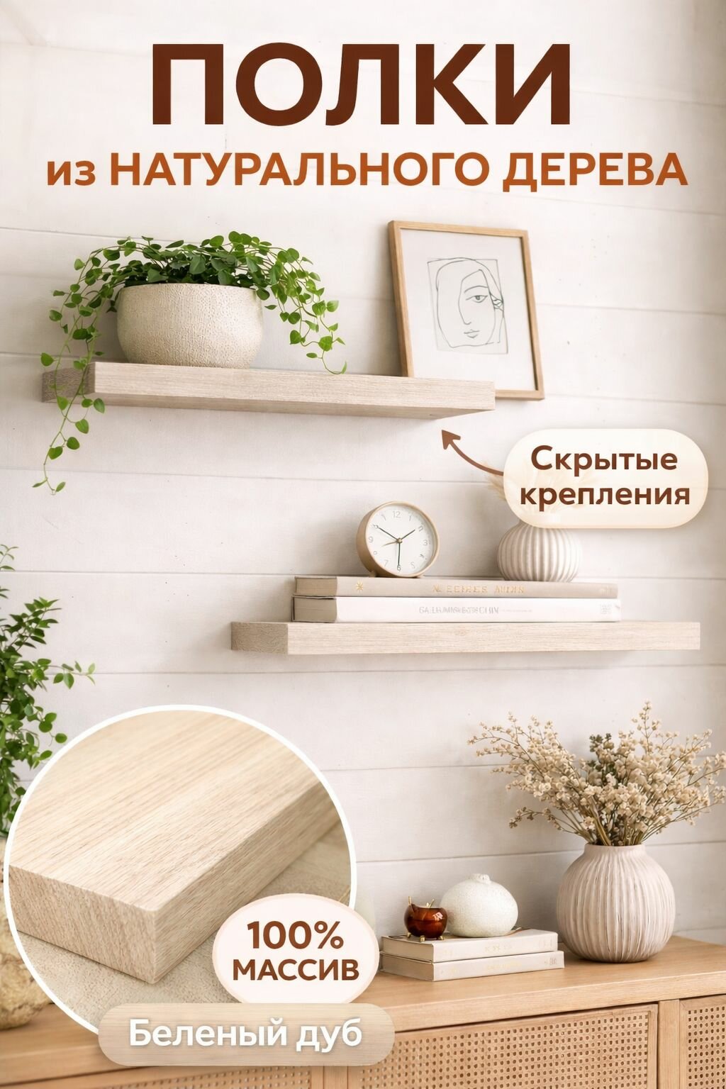 Полка настенная деревянная из массива со скрытым креплением 40*20 см, парящая полка 1 шт