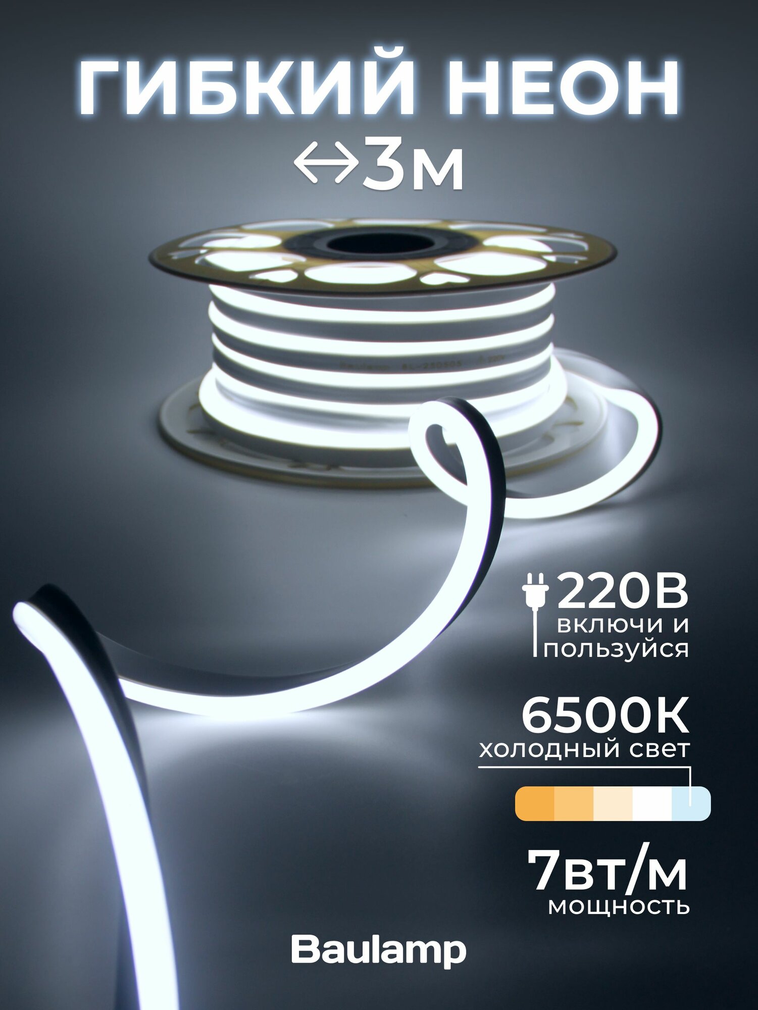 Светодиодный гибкий неон Baulamp 3м 220В 7Вт/м холодный белый свет 8x3000 6500К IP67