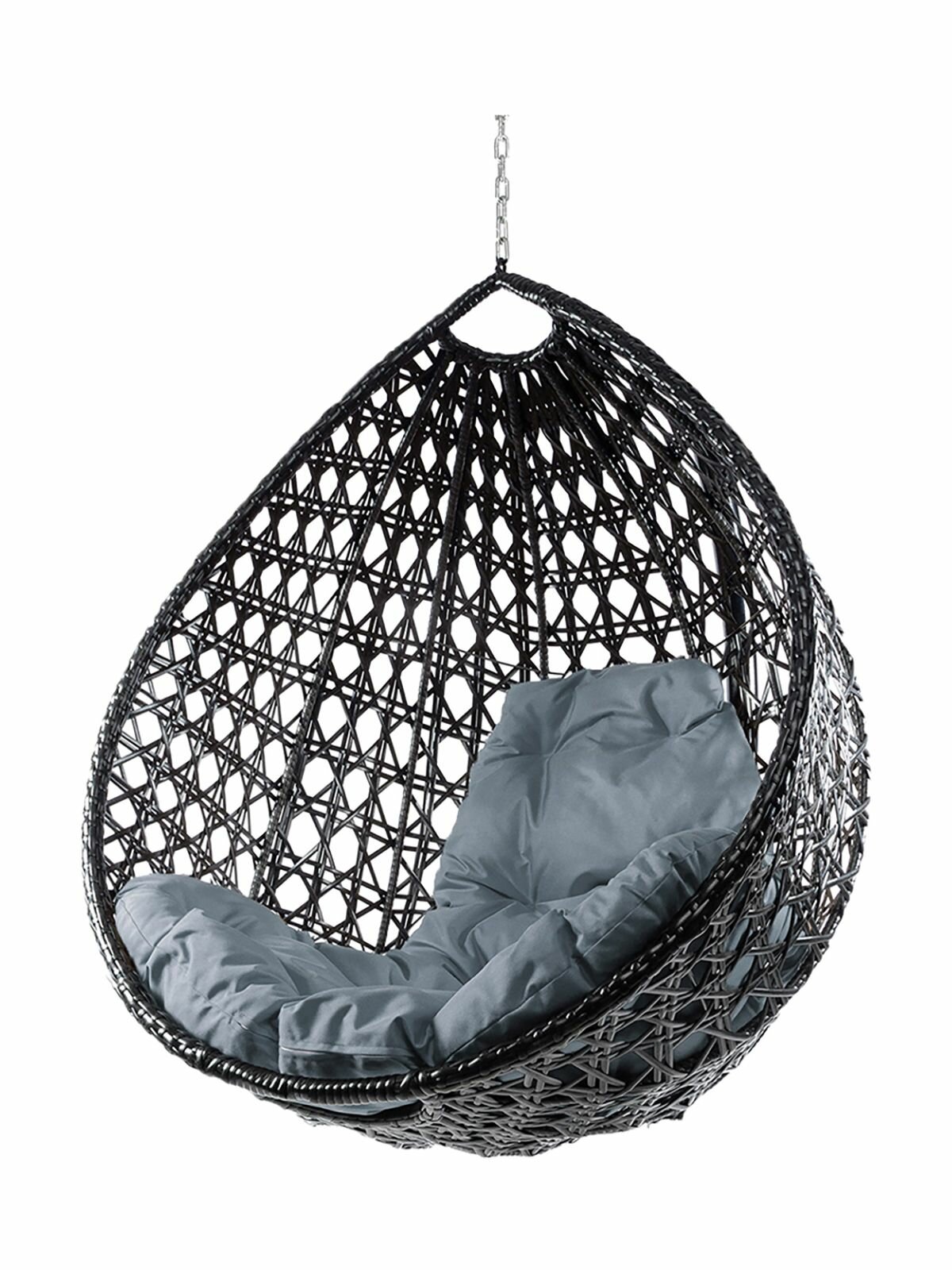 Подвесное кресло капля люкс (без стойки), с ротангом черное, серая подушка