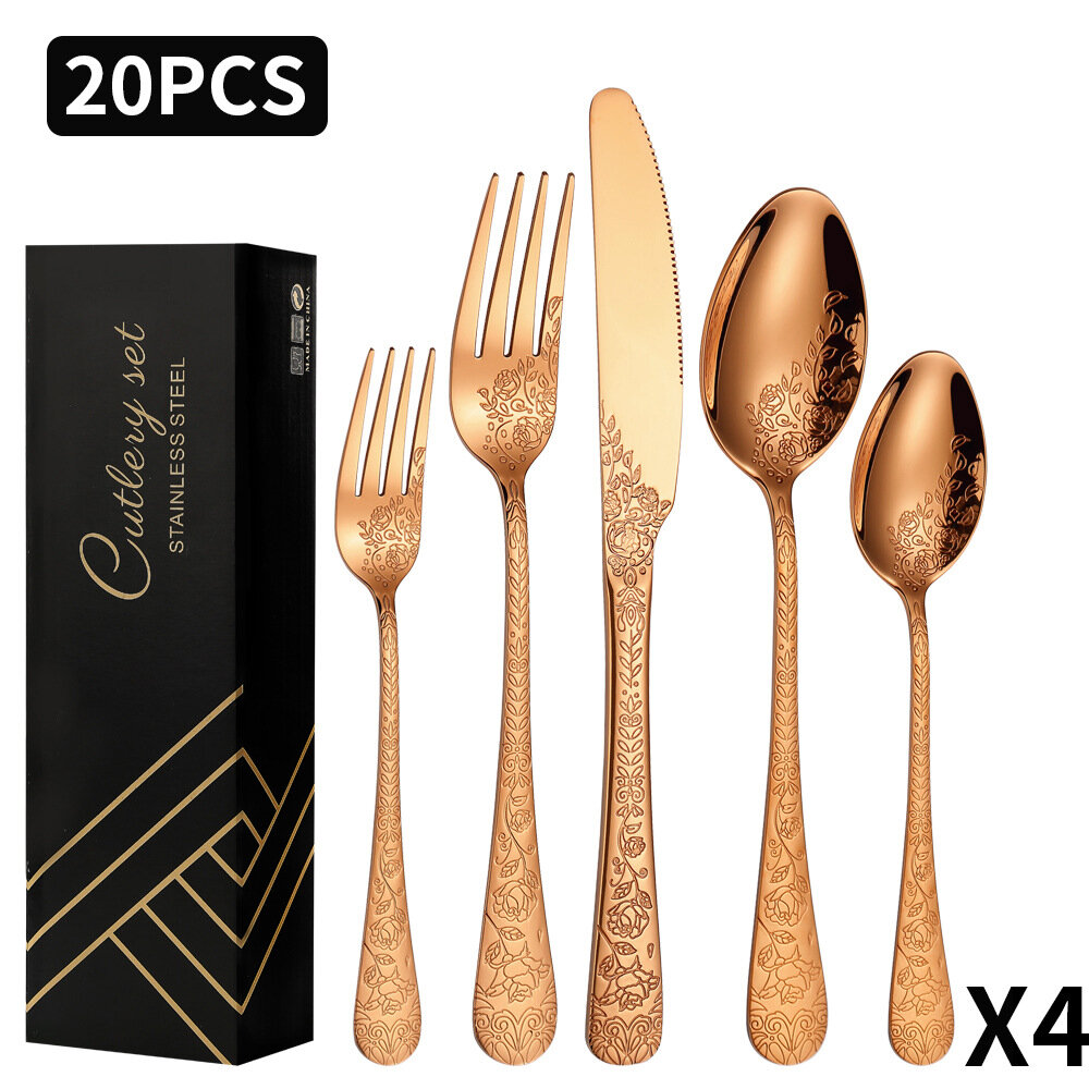 Новый набор столовых приборов Amazon из нержавеющей стали, 20 предметов, с винтажной гравировкой, нож, вилка и ложка в западном стиле, подарочный набор для международной доставки.
