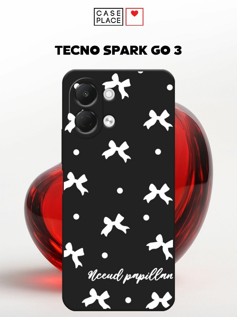 Черный матовый чехол на Tecno Spark Go 3 / Текно Спарк Го 3 с принтом Белые бантики с горошком